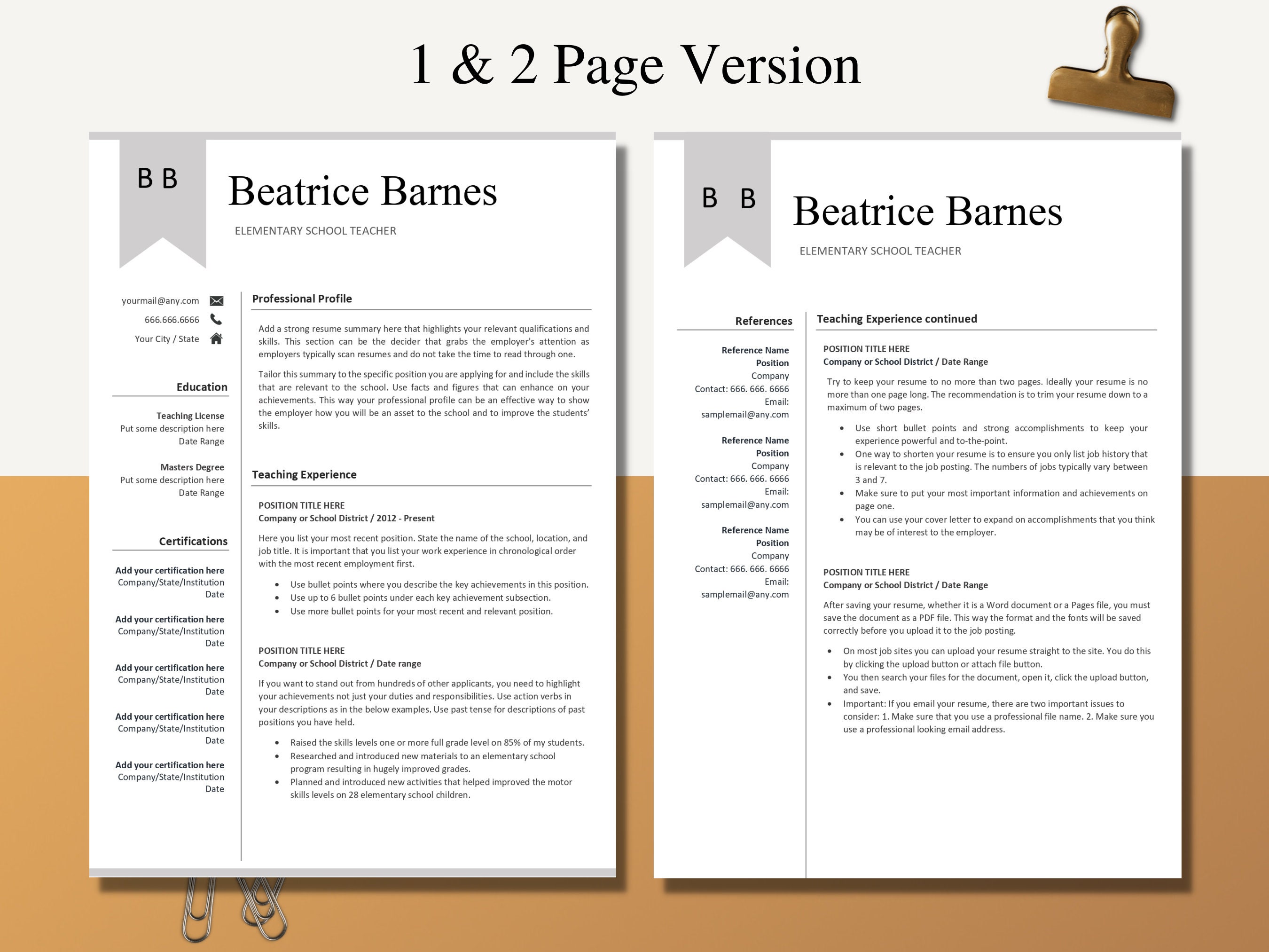 Teacher Resume Template for Word and Pages, 1, 2 and 3 Page Resume ...
