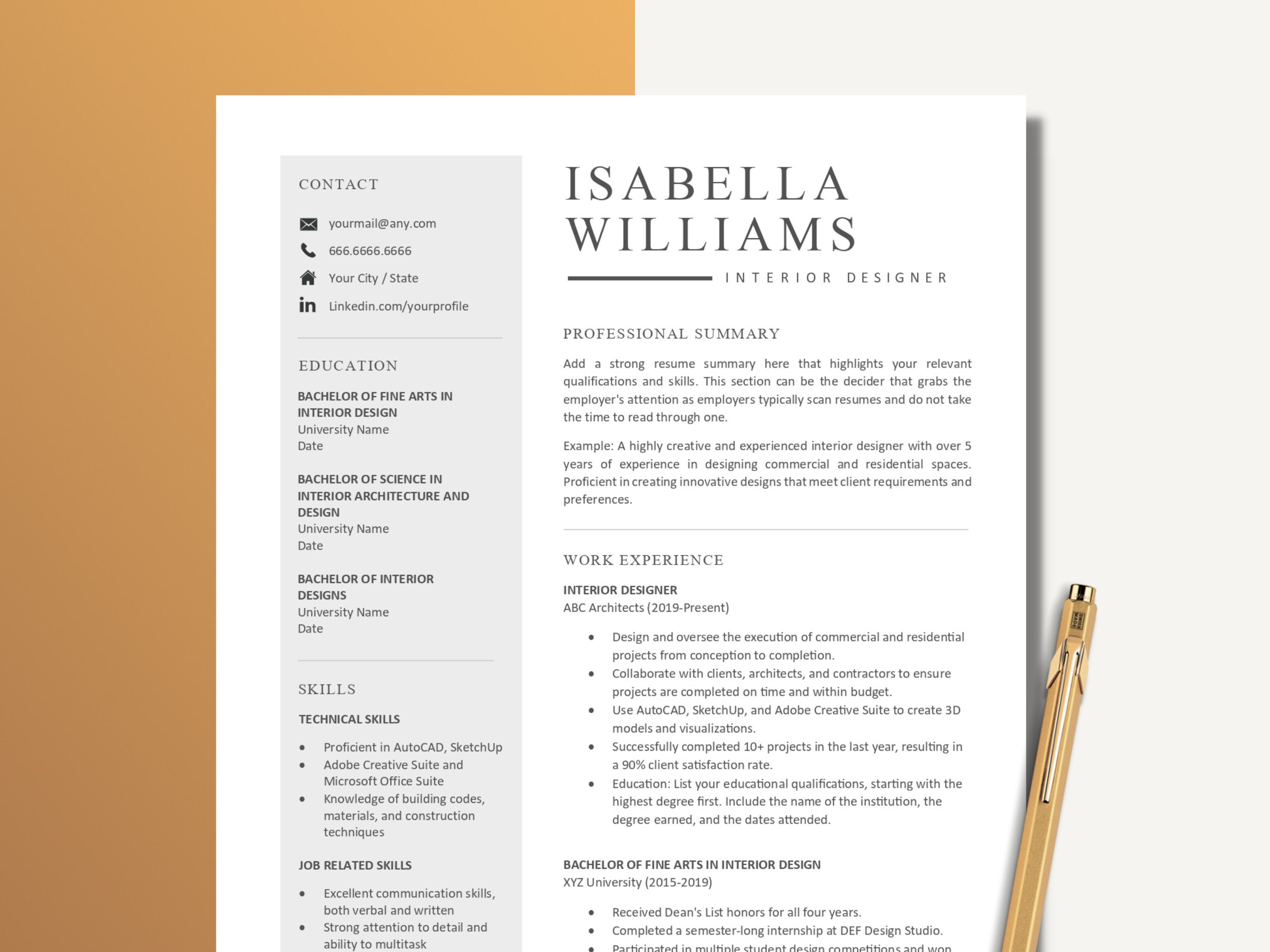 Interior Designer Resume Template, Word and Pages Professional Resume ...