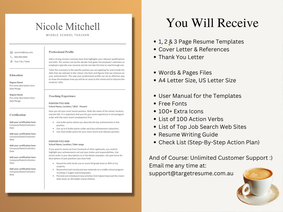 Teacher Resume Template for Word and Pages 1 2 and 3 Page - Etsy