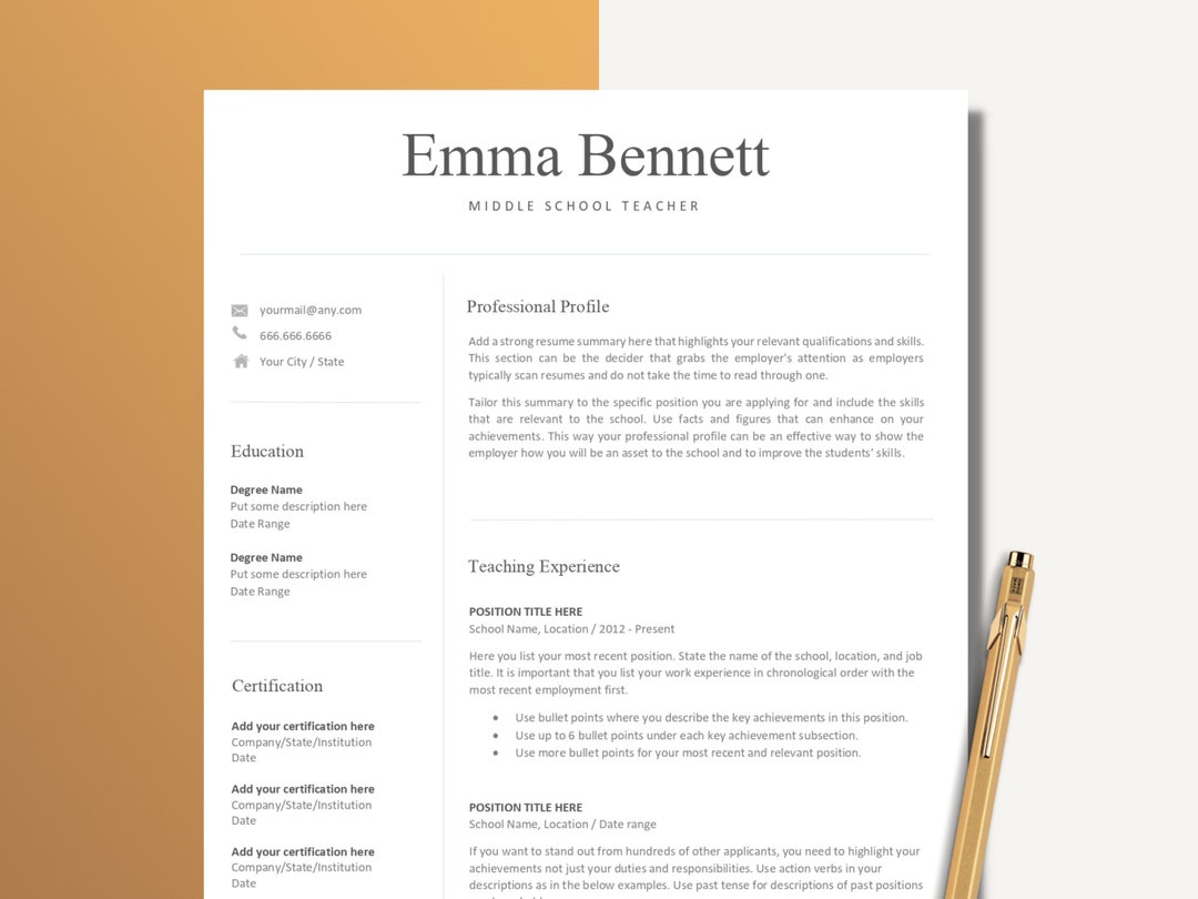 Teacher Resume Template for Word and Pages, Ats Friendly, Professional ...