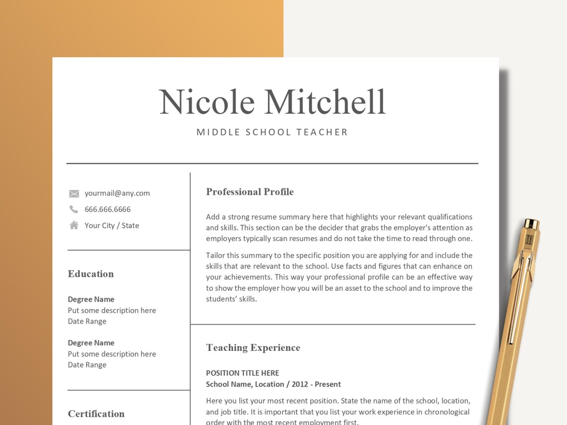 Teacher Resume Template for Word and Pages 1 2 and 3 Page - Etsy
