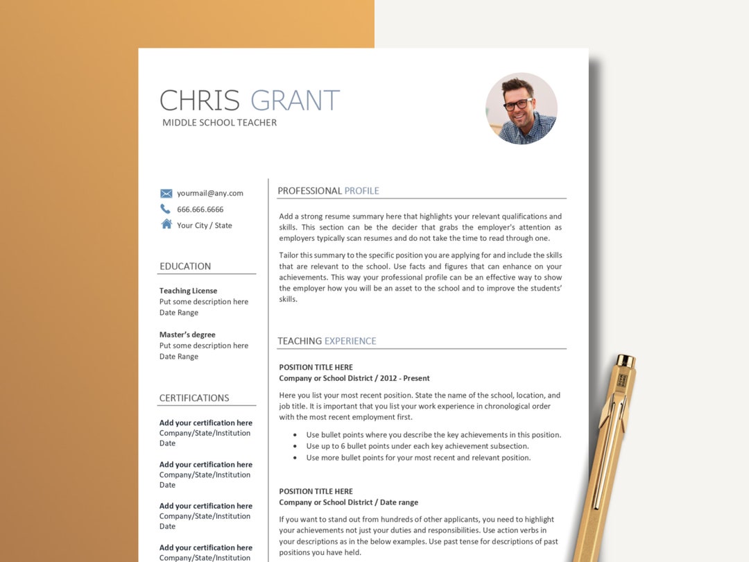 Minimalist Teacher Resume Template for Word and Pages, Middle School ...