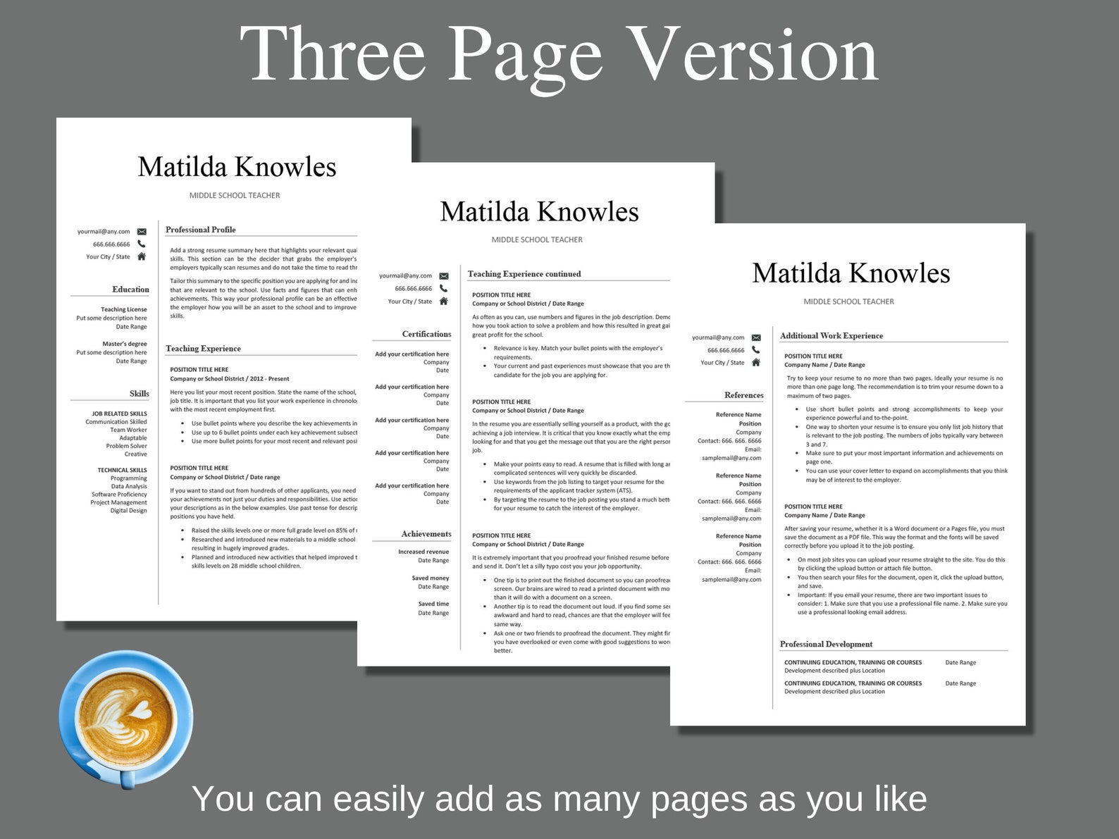 Teacher Resume Template for Word and Pages Middle School - Etsy