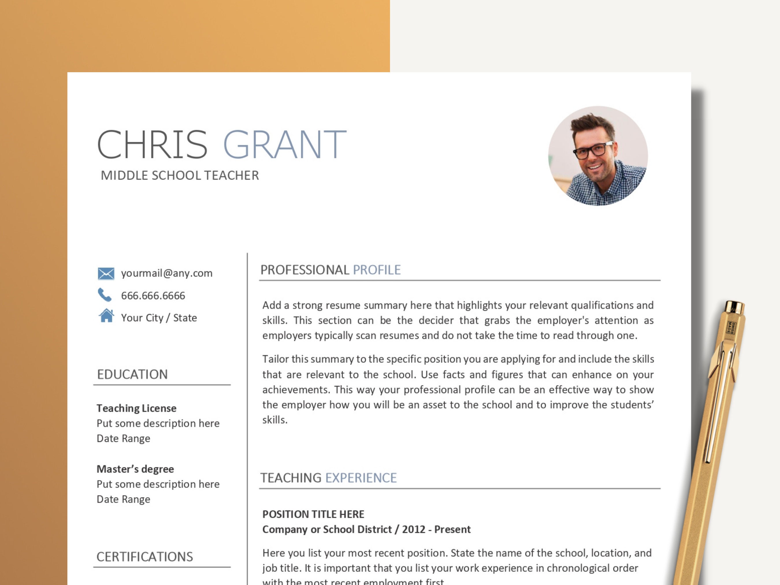 Minimalist Teacher Resume Template for Word and Pages Middle - Etsy