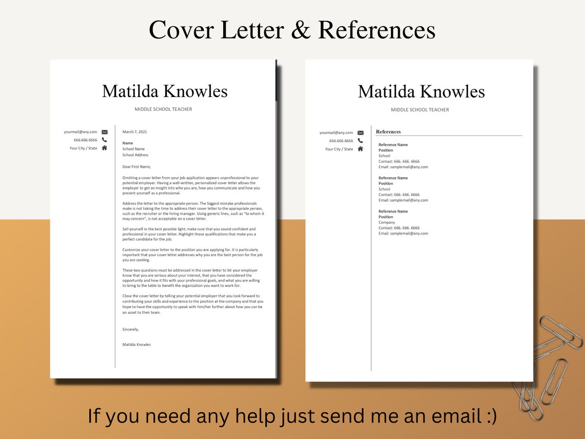 Teacher Resume Template for Word and Pages, Middle School Teacher, 1, 2 ...