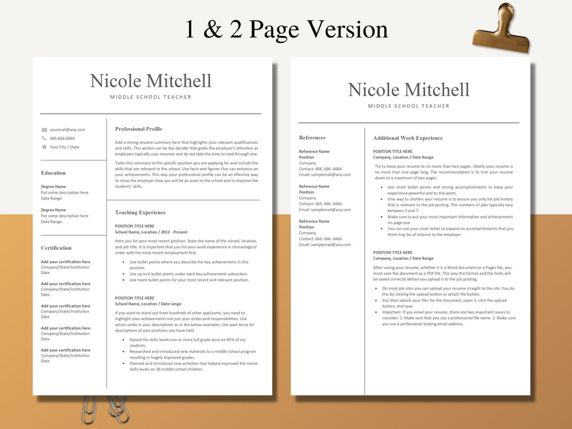 Teacher Resume Template for Word and Pages 1 2 and 3 Page - Etsy