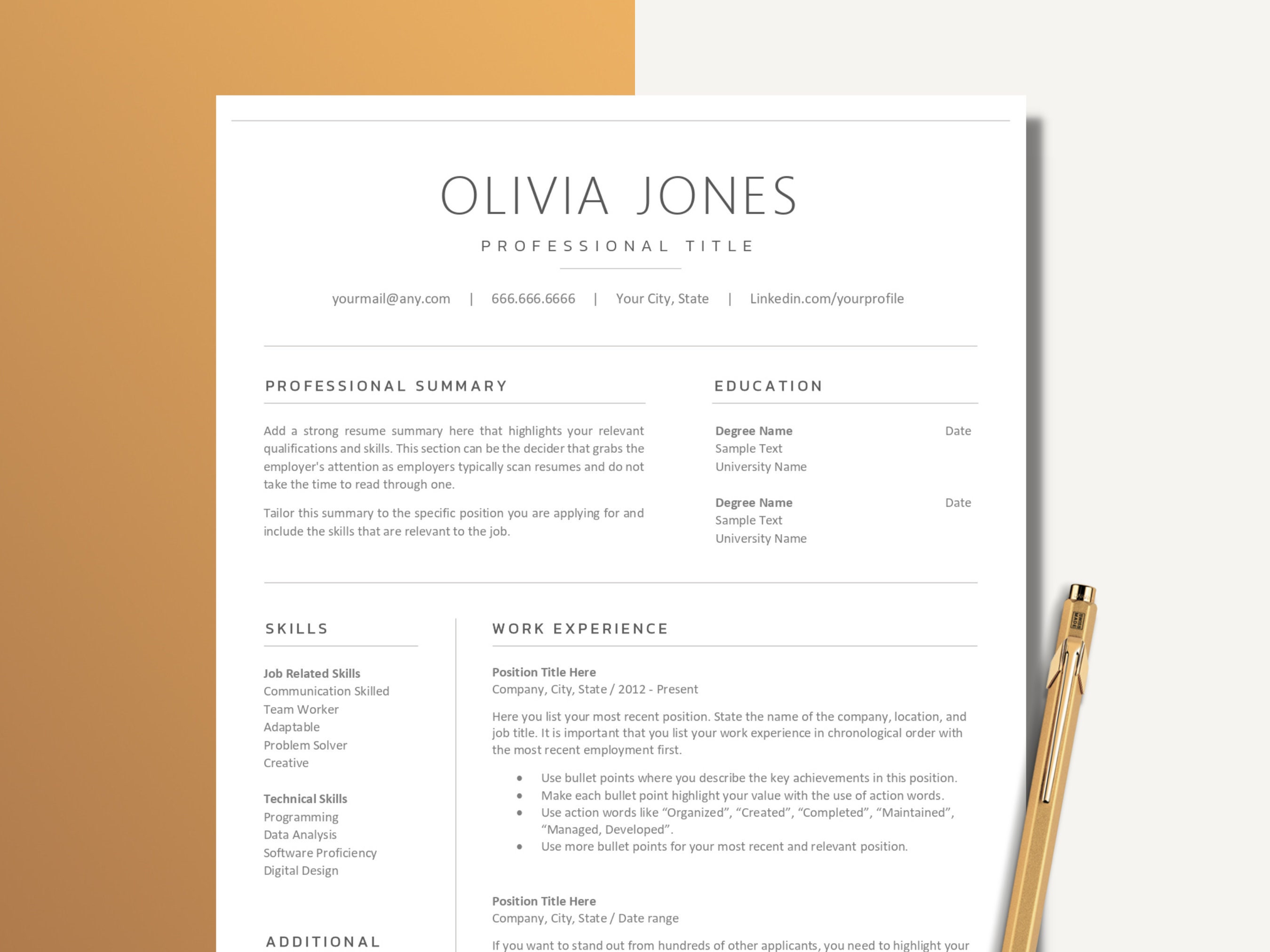 Professional Resume Template for Words and Pages, Matching Cover Letter ...