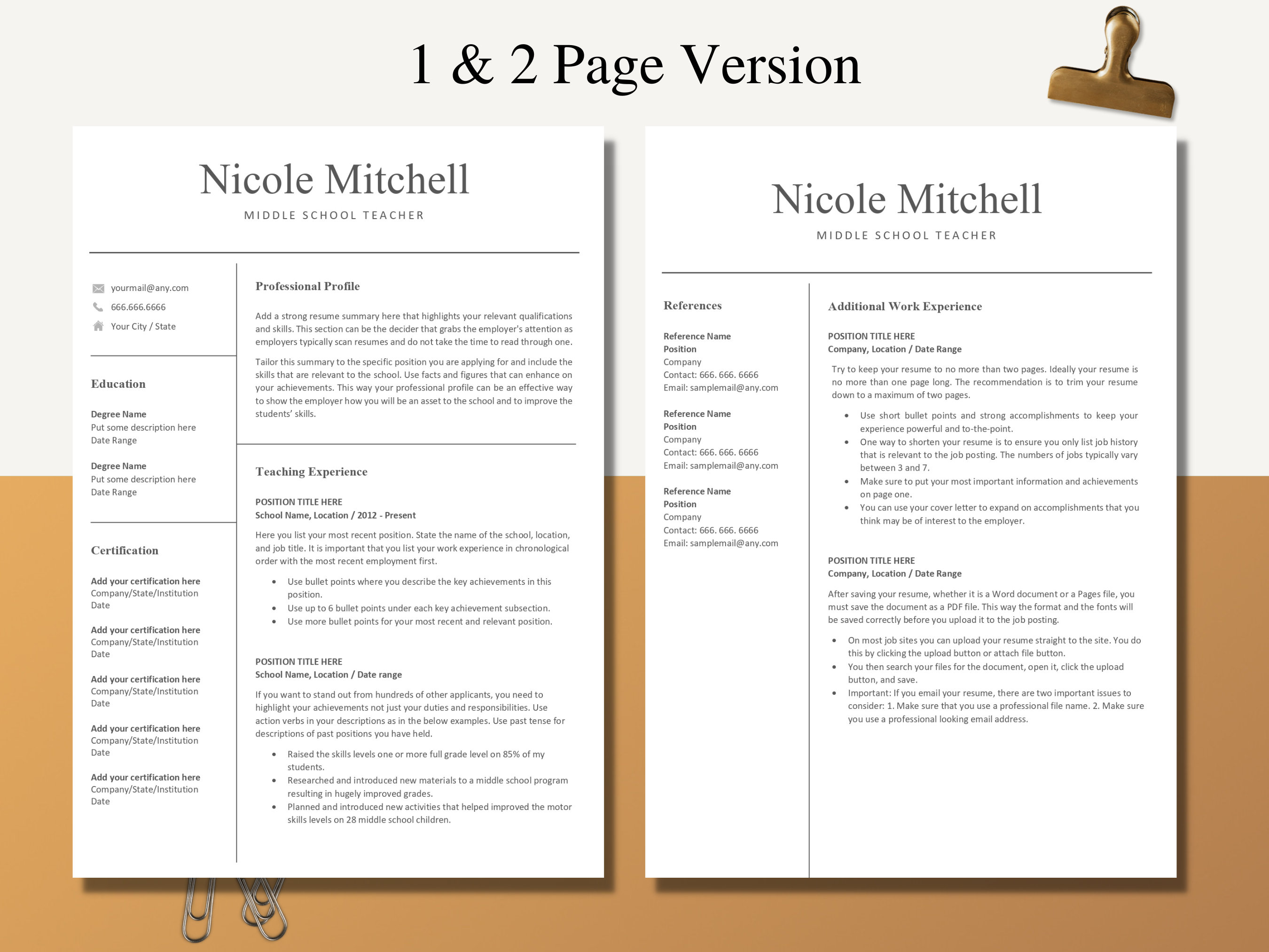 Teacher Resume Template for Word and Pages, 1, 2 and 3 Page Resume ...