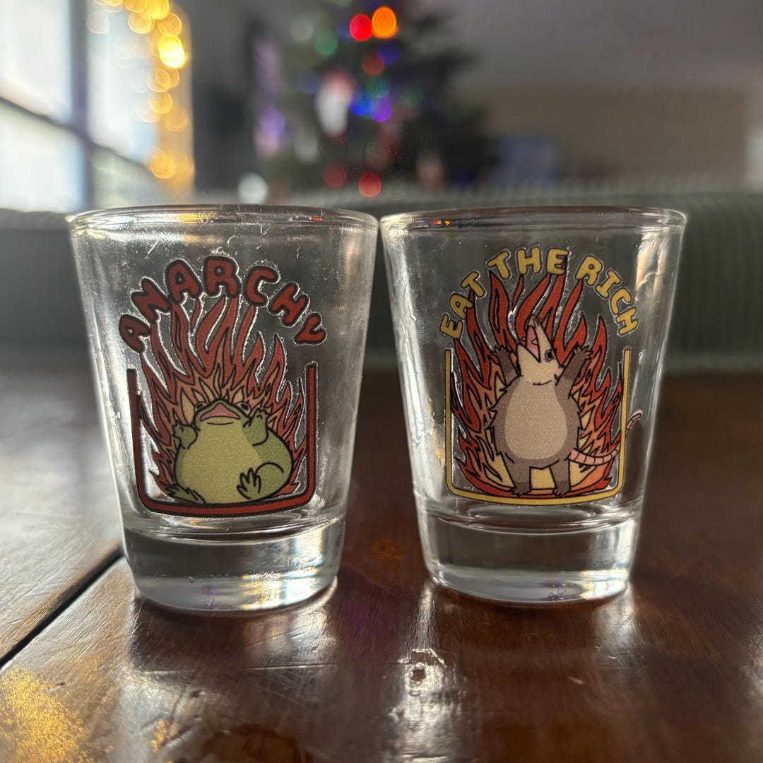 2 Pack Eat the Rich Opossum Anarchy Frog 1.5 Oz. Shot Glass Cute Funny ...