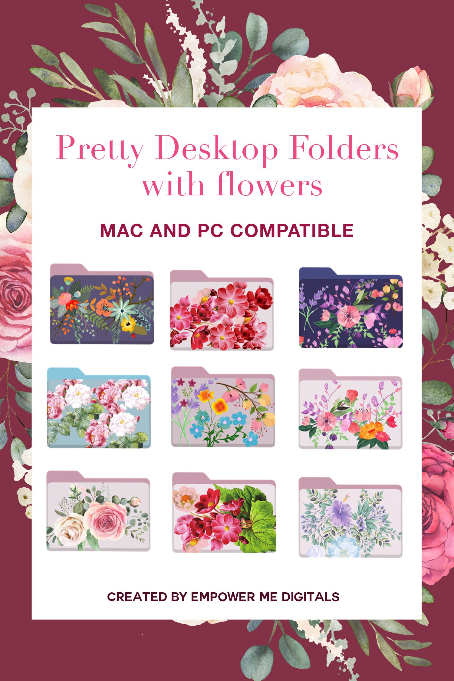 9 Pretty Flowers and Roses Desktop Folders / Icons, Aesthetic Computer ...
