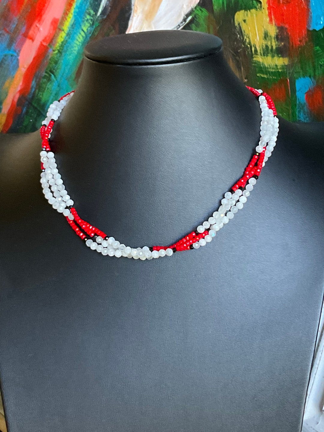 Bright Red and White 3 Strand Candy Cane Necklace Rainbow Moonstone ...