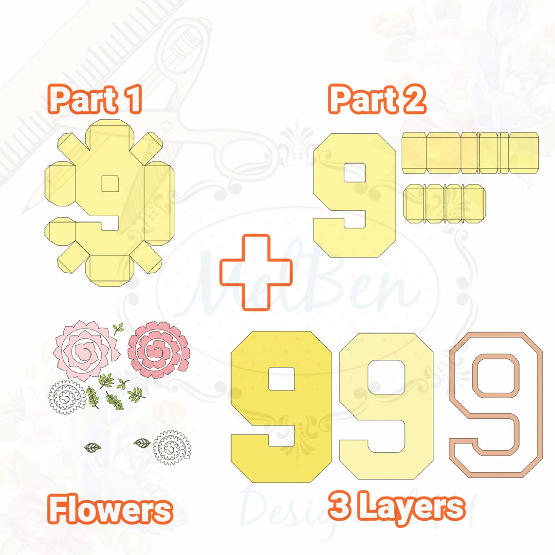 3d numbers svg pdf and Studio including 3 layers and flowers | Etsy