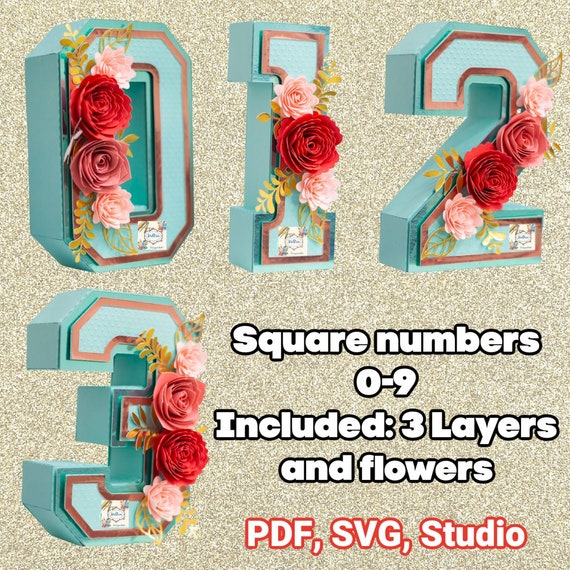 3d numbers svg pdf and Studio including 3 layers and flowers | Etsy