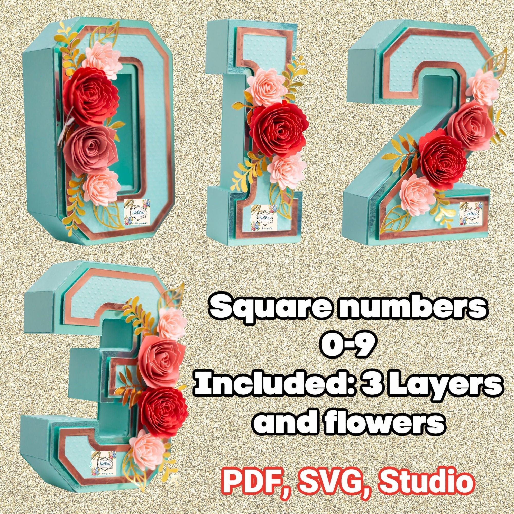 3d numbers svg pdf and Studio including 3 layers and flowers | Etsy