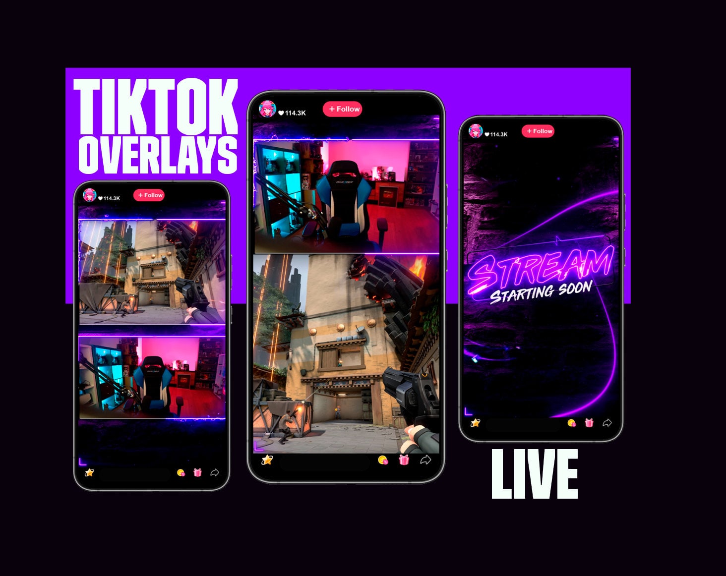 Pacote de sobreposição de streaming TIKTOK roxo neon - Design animado ...