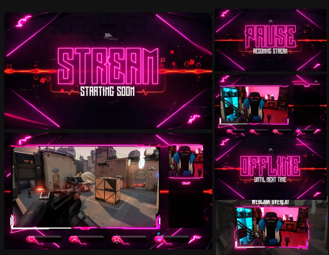 Pack Overlays Streams Animated - Neon Magenta Style - Twitch HD Quality ...