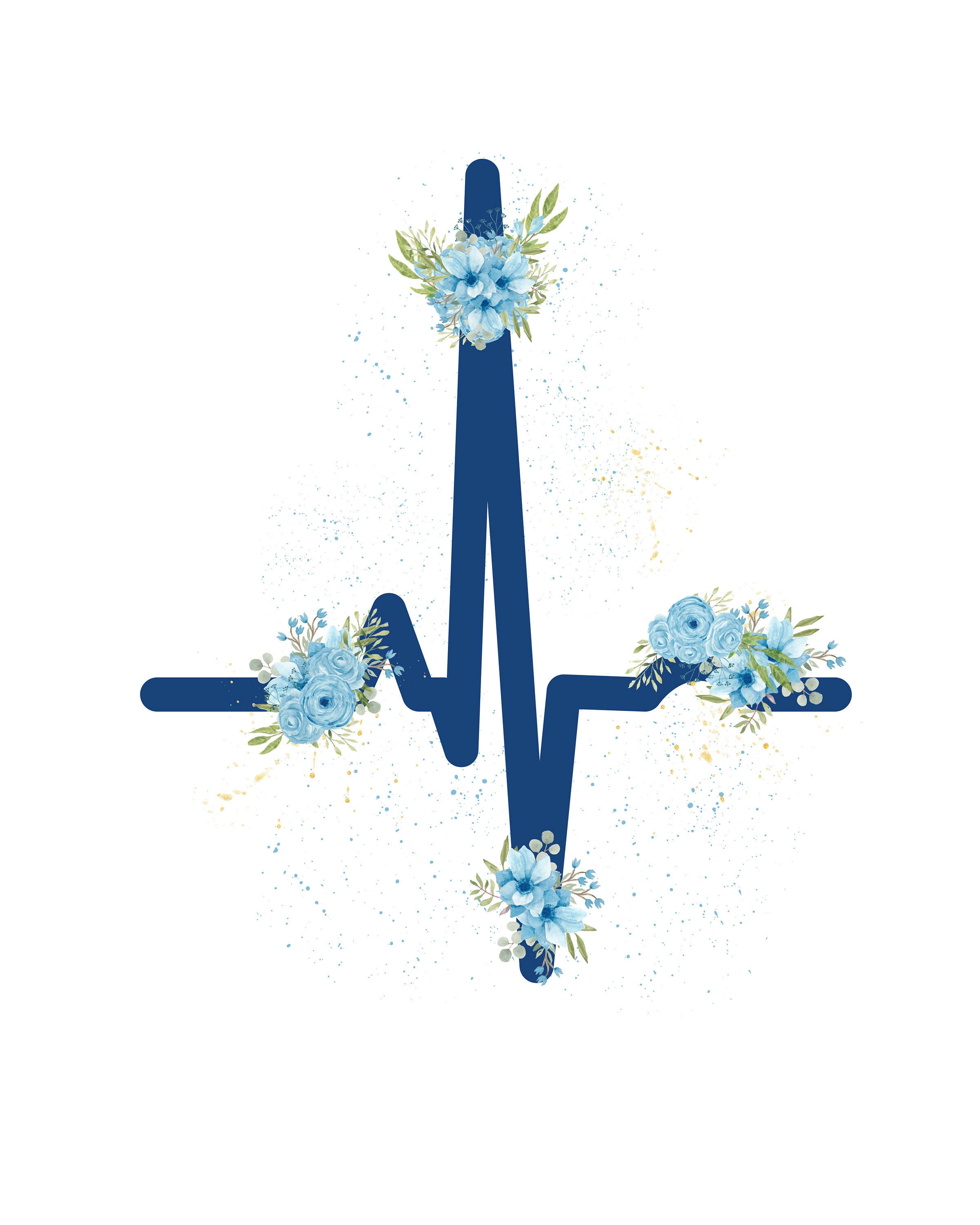 Floral Medical Nursing Artwork Blue Turquoise Teal Watercolor Brain EKG ...