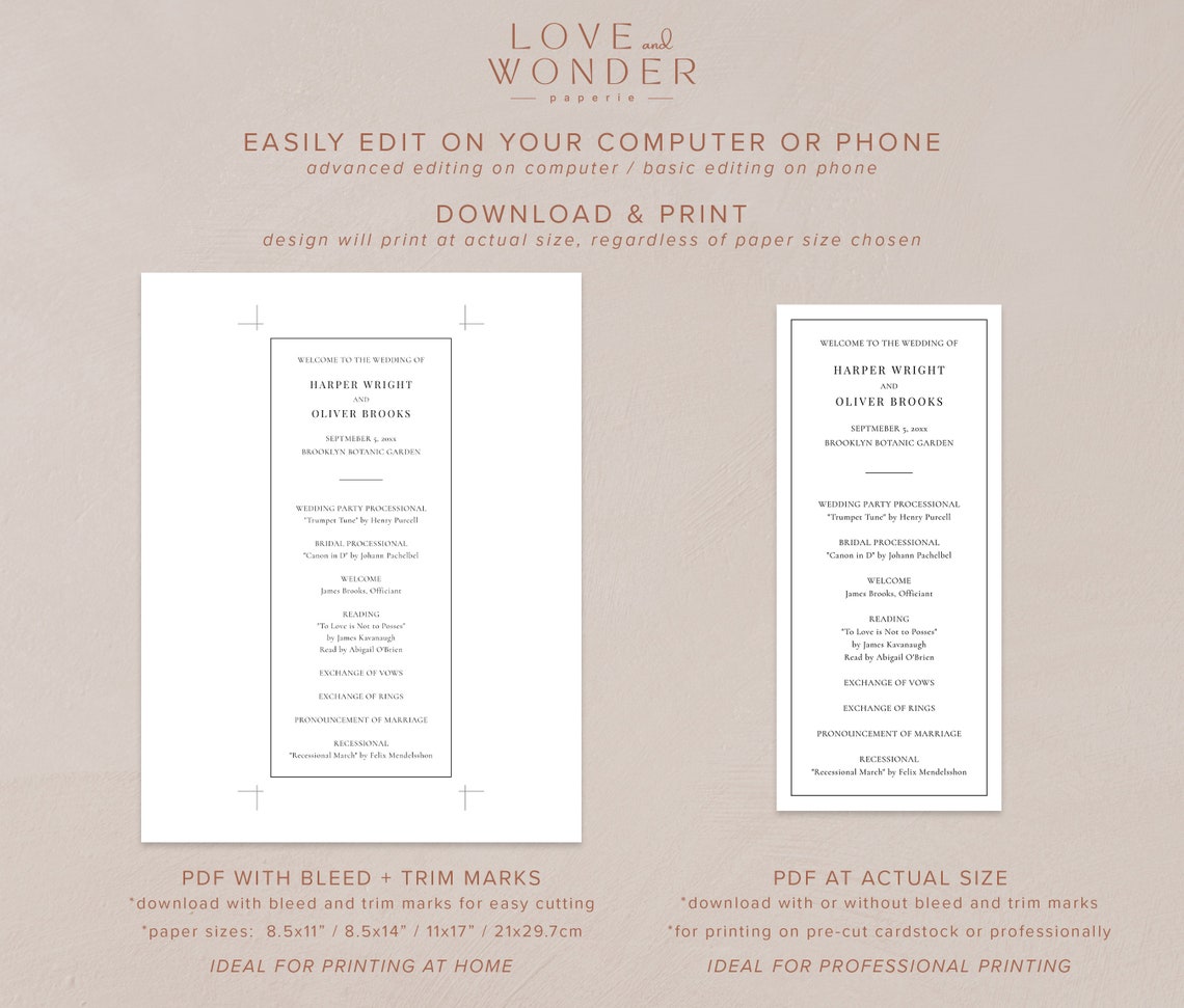 Classic Wedding Program Template, Simple Wedding Ceremony Program Card ...