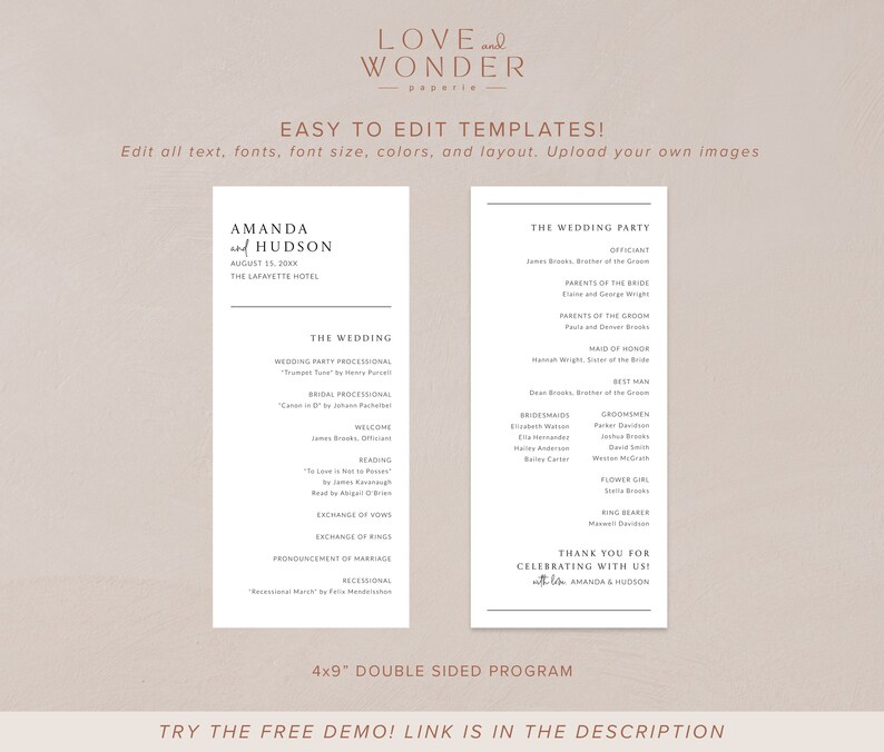 Minimalist Wedding Program Template, Modern Wedding Ceremony Program ...