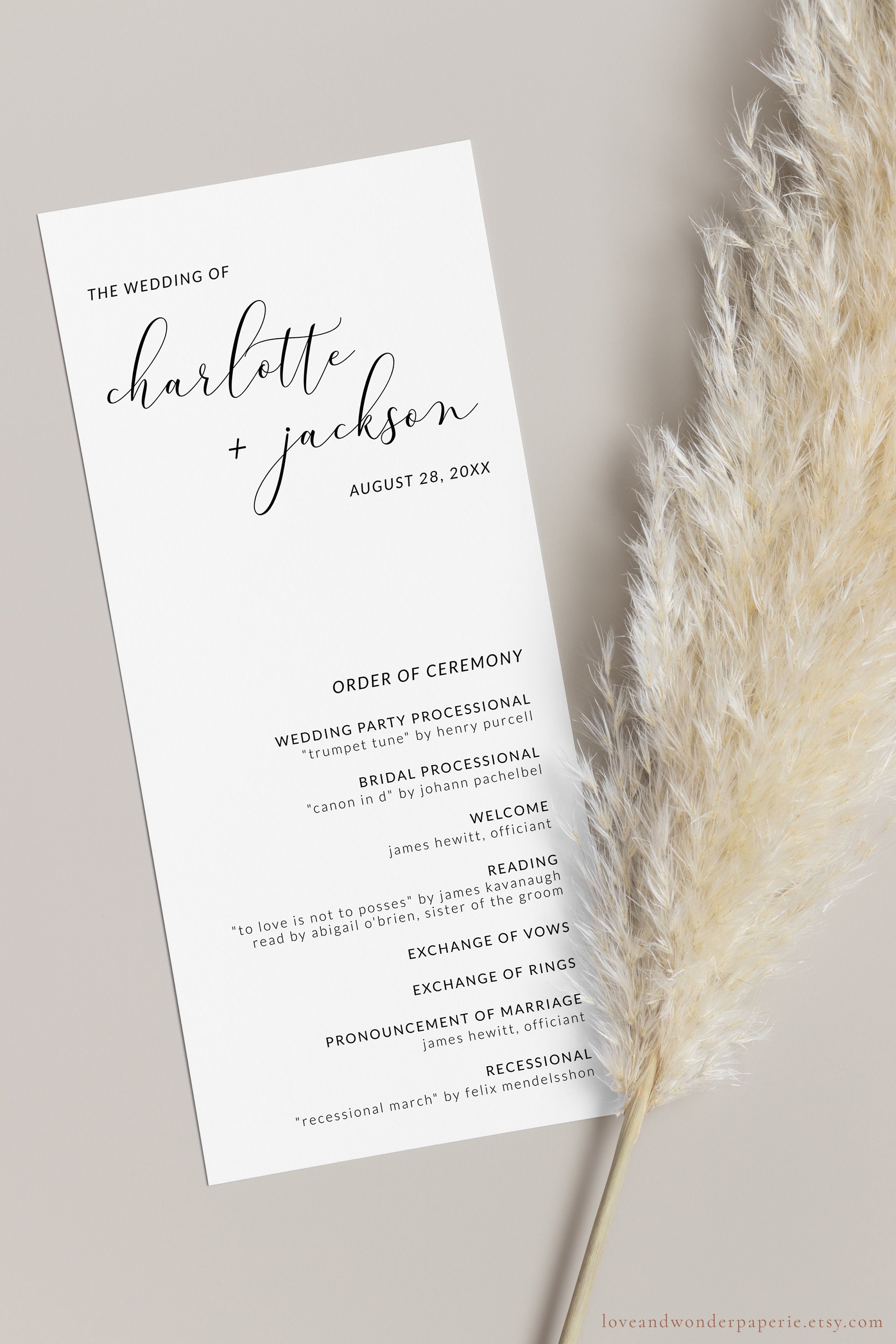 Minimalist Wedding Program Template, Double-sided Custom Wedding ...