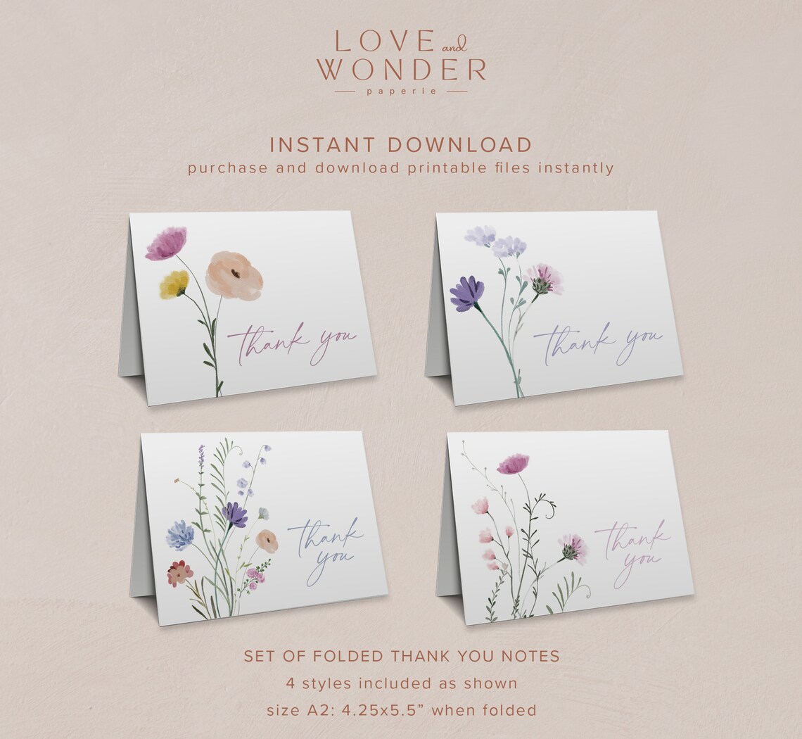 Wildflower Thank You Card Set, Watercolor Flower Thank You Notecard ...