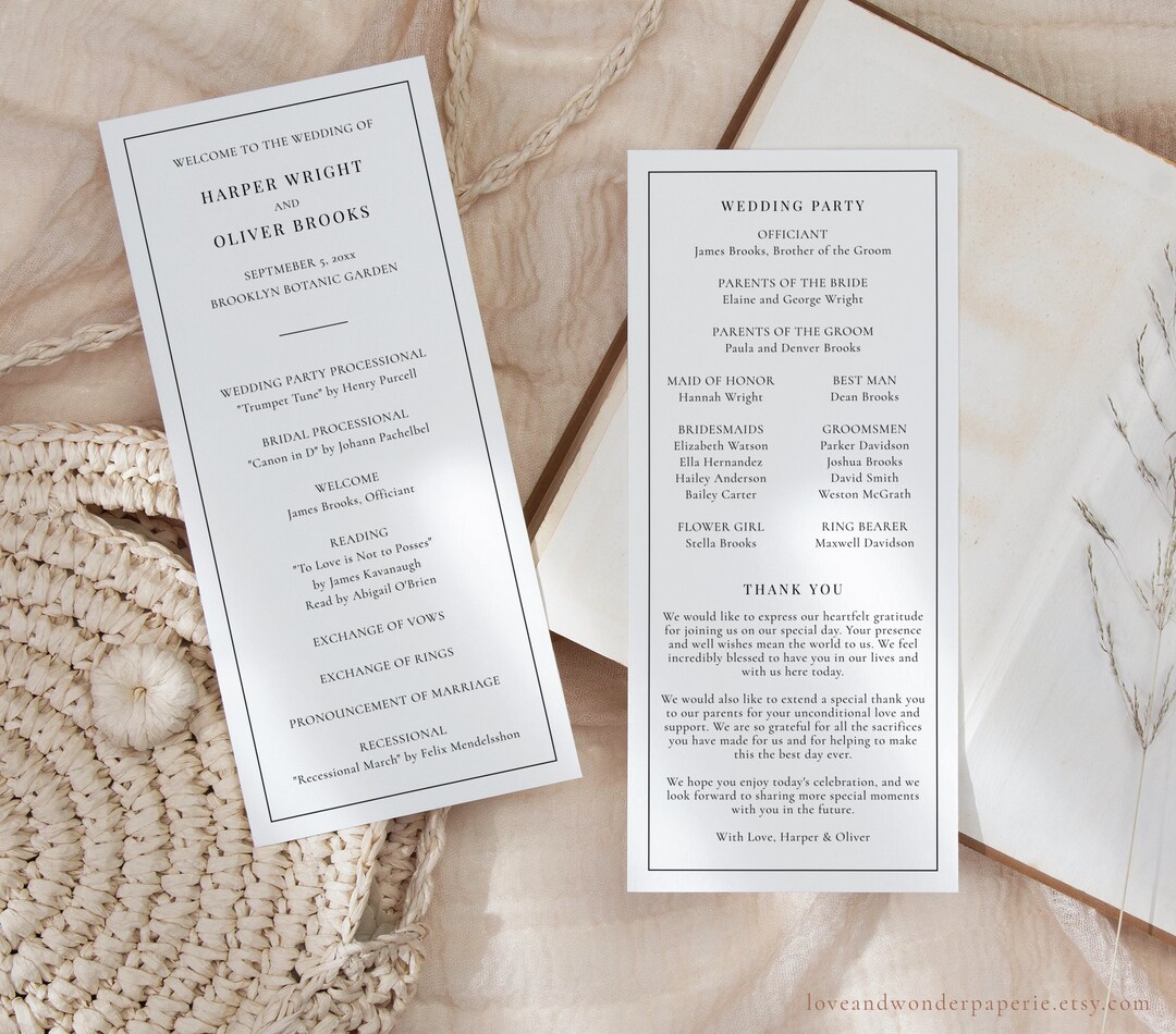 Classic Wedding Program Template, Simple Wedding Ceremony Program Card ...