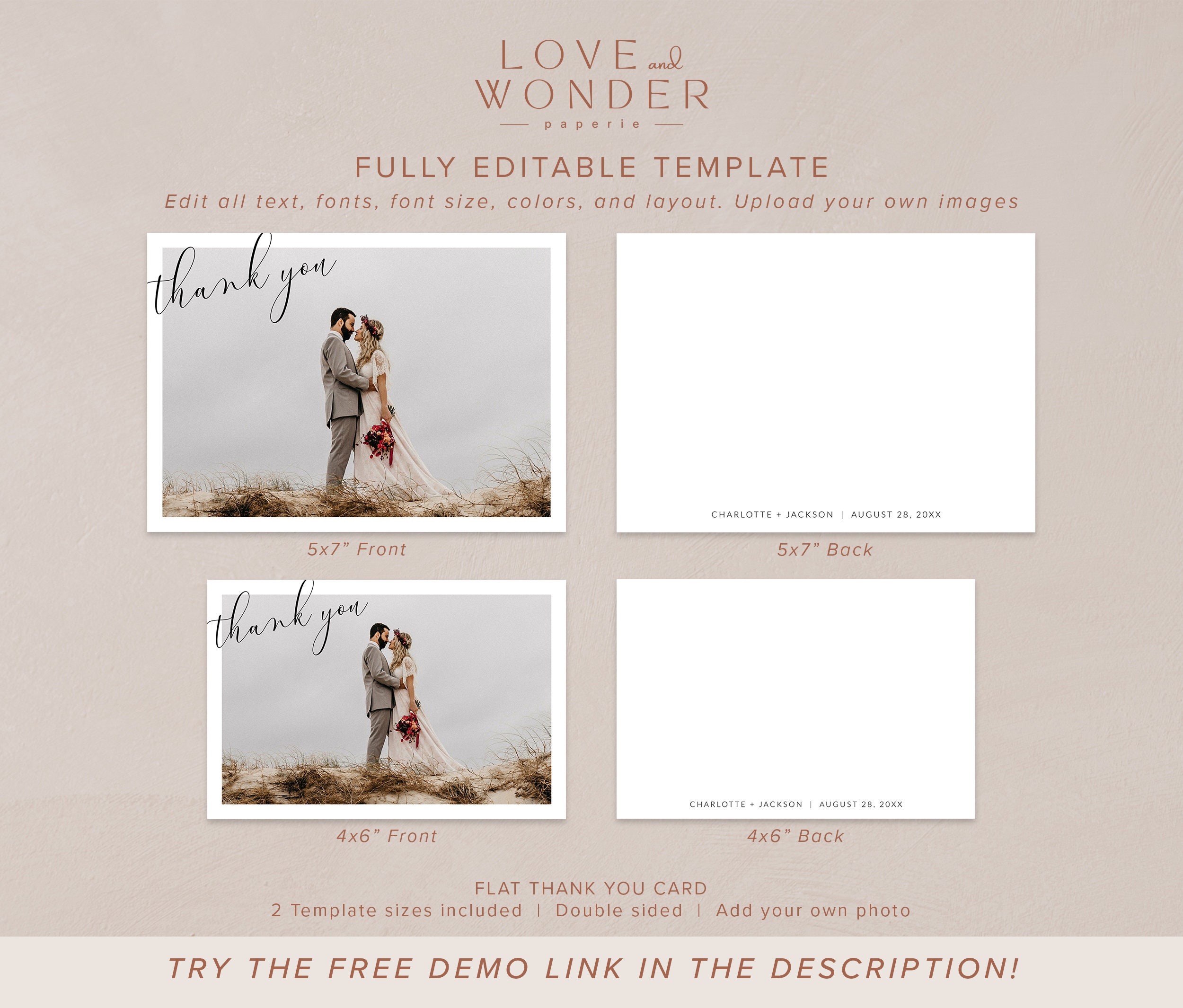 Wedding Thank You Card Template, Wedding Thank You Note With Photo ...