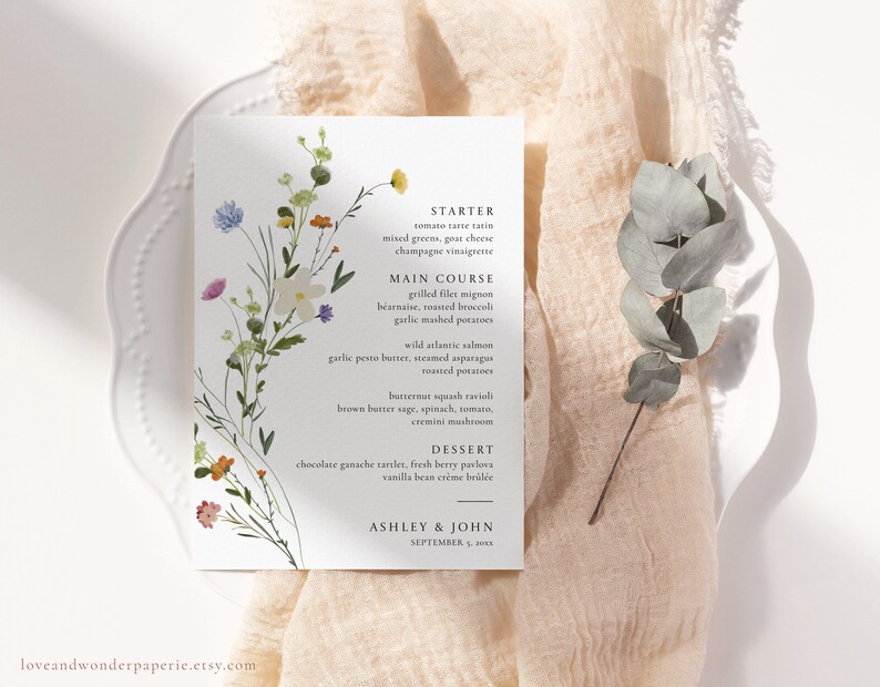 Wildflower Wedding Menu Template, Editable Wedding Menu, Watercolor ...