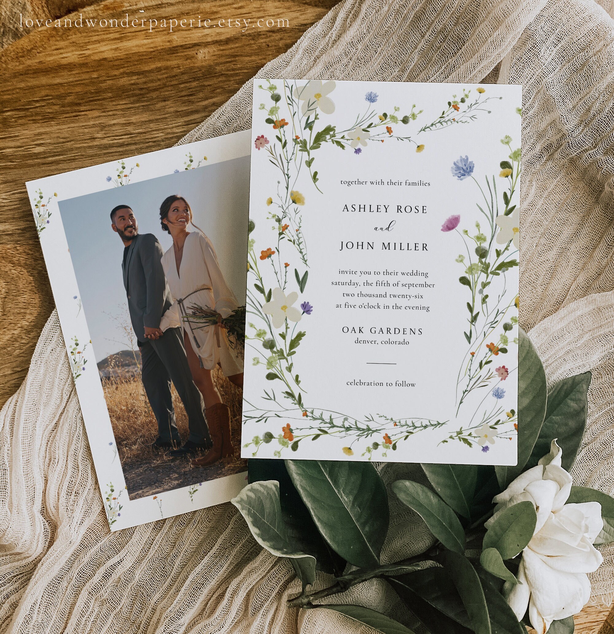 Wildflower Wedding Invitation Template With Photo, Boho Flower Wedding ...