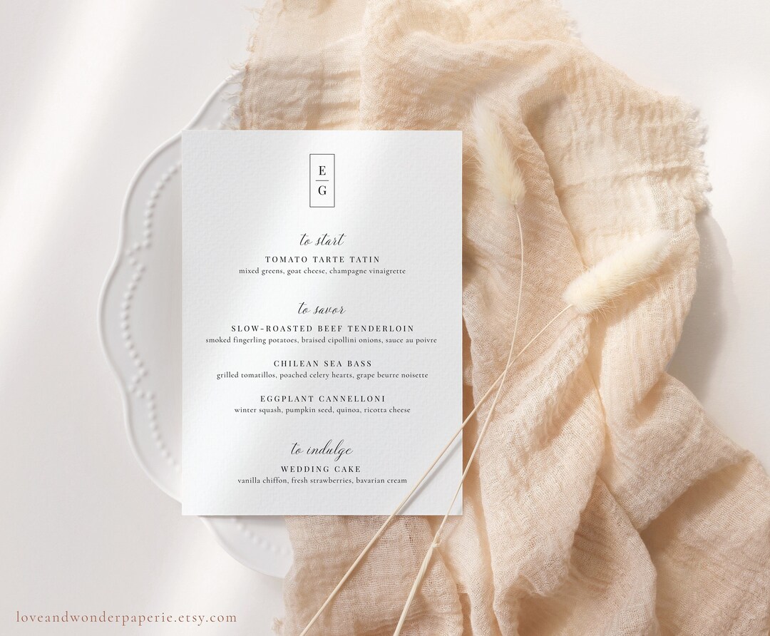 Wedding Menu Template, Monogram Wedding Menu, Wedding Reception Menu ...