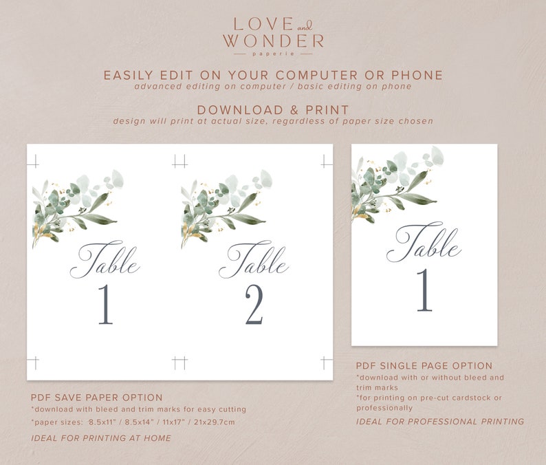 Eucalyptus Table Number Template, Editable Table Number, Wedding Table ...
