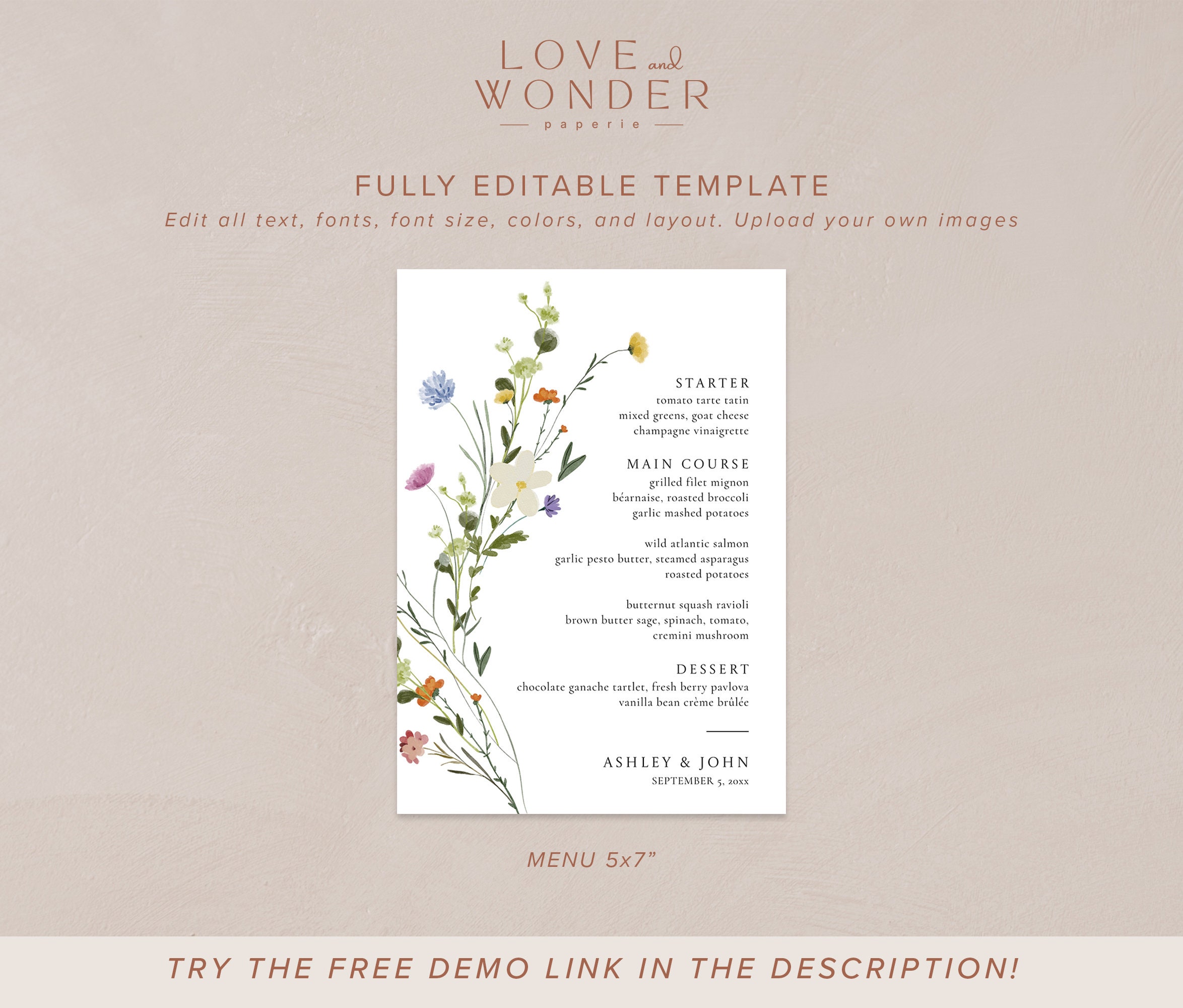 Wildflower Wedding Menu Template, Editable Wedding Menu, Watercolor ...