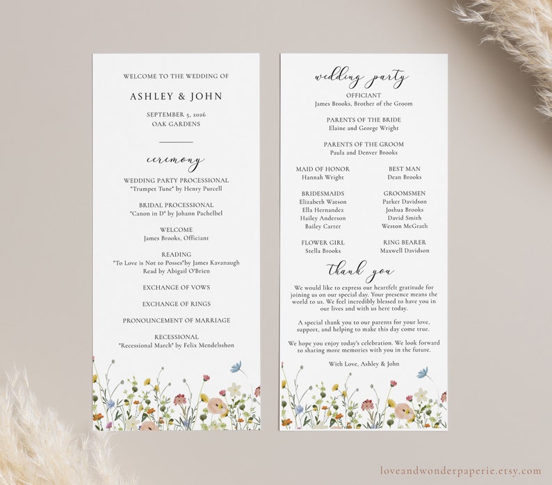 Wildflower Wedding Program Template, Double-sided Floral Wedding Program, Watercolor Flowers ...