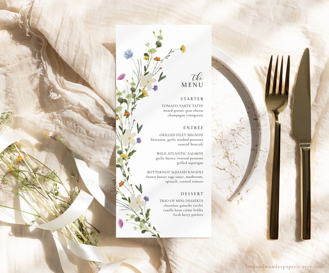 Wildflower Wedding Menu Template, Editable Wedding Menu, Watercolor ...