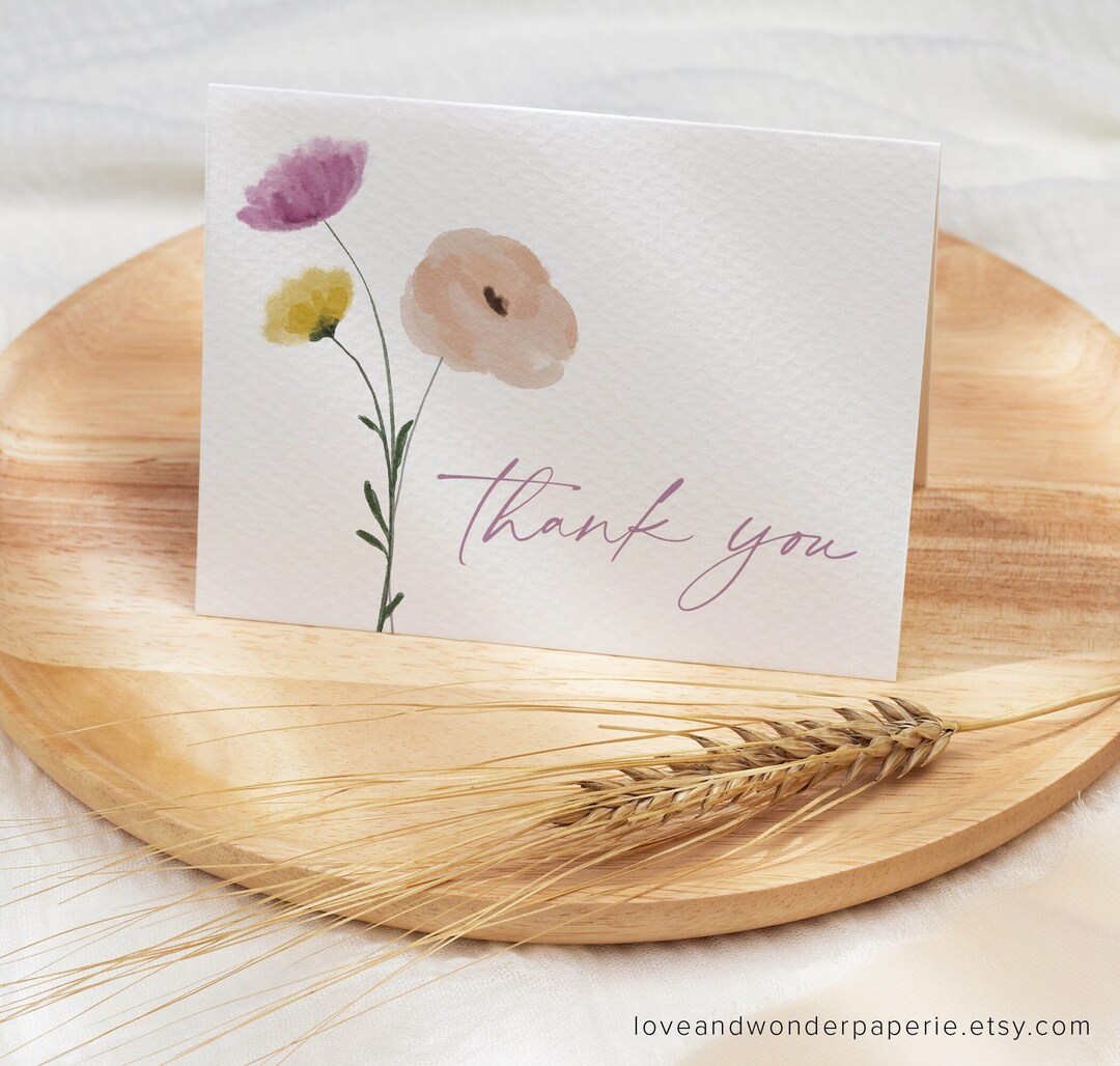 Wildflower Thank You Card, Watercolor Flower Thank You Notecard, Folded ...