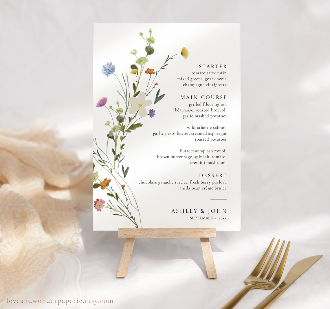 Wildflower Wedding Menu Template, Editable Wedding Menu, Watercolor ...