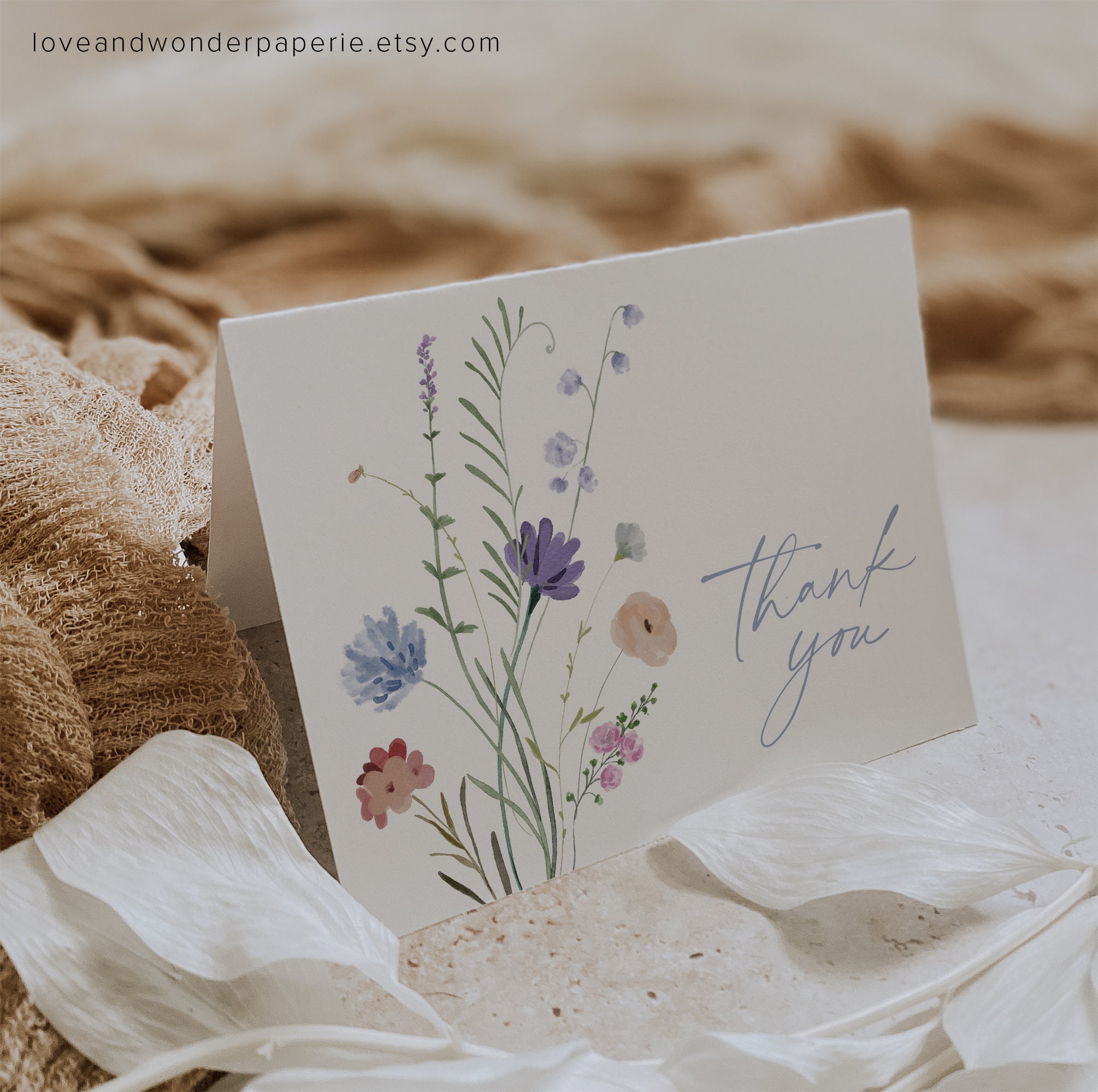 Wildflower Thank You Card, Watercolor Flower Thank You Notecard, Folded ...