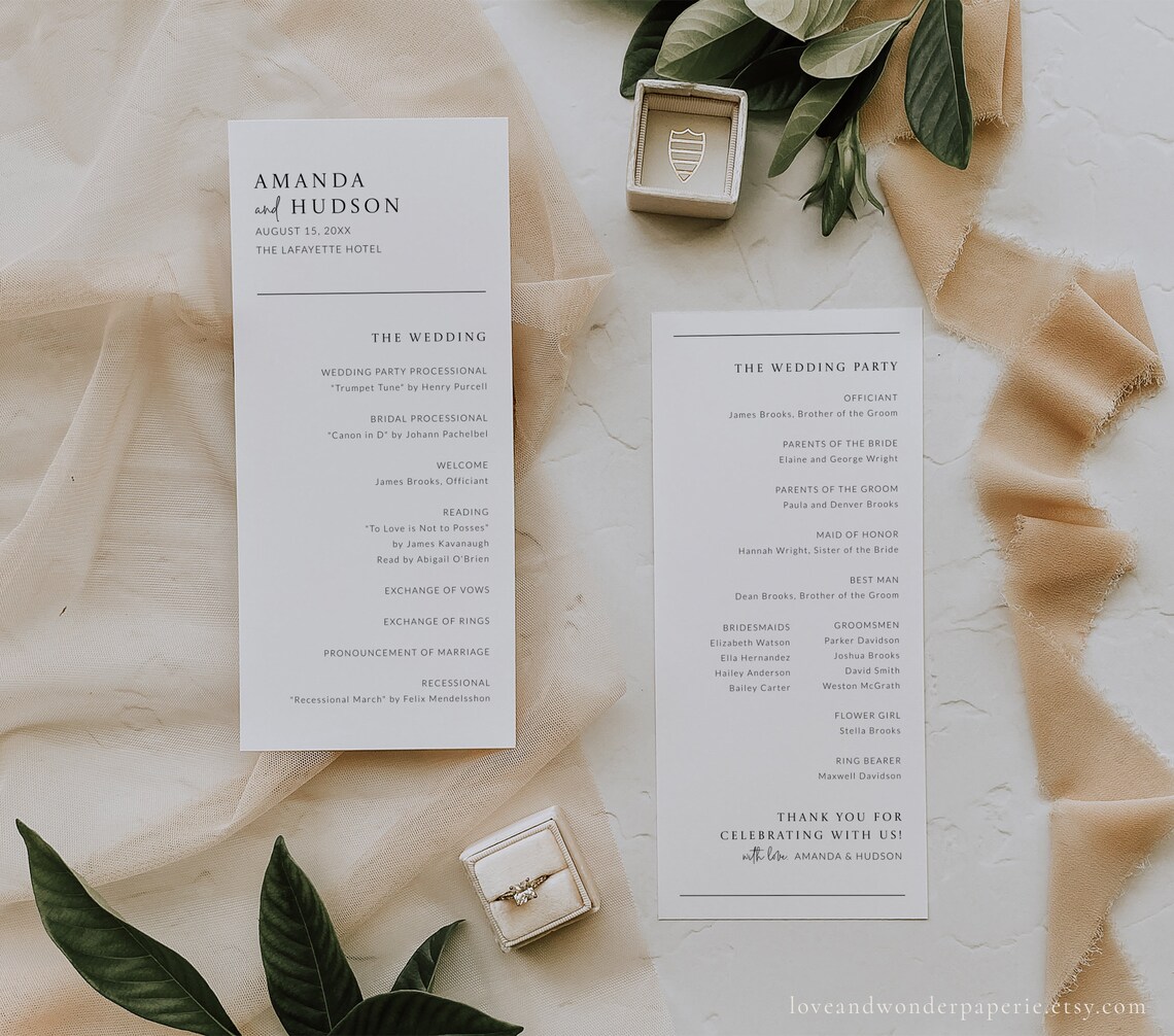 Minimalist Wedding Program Template, Modern Wedding Ceremony Program, 4x9 Program Template ...