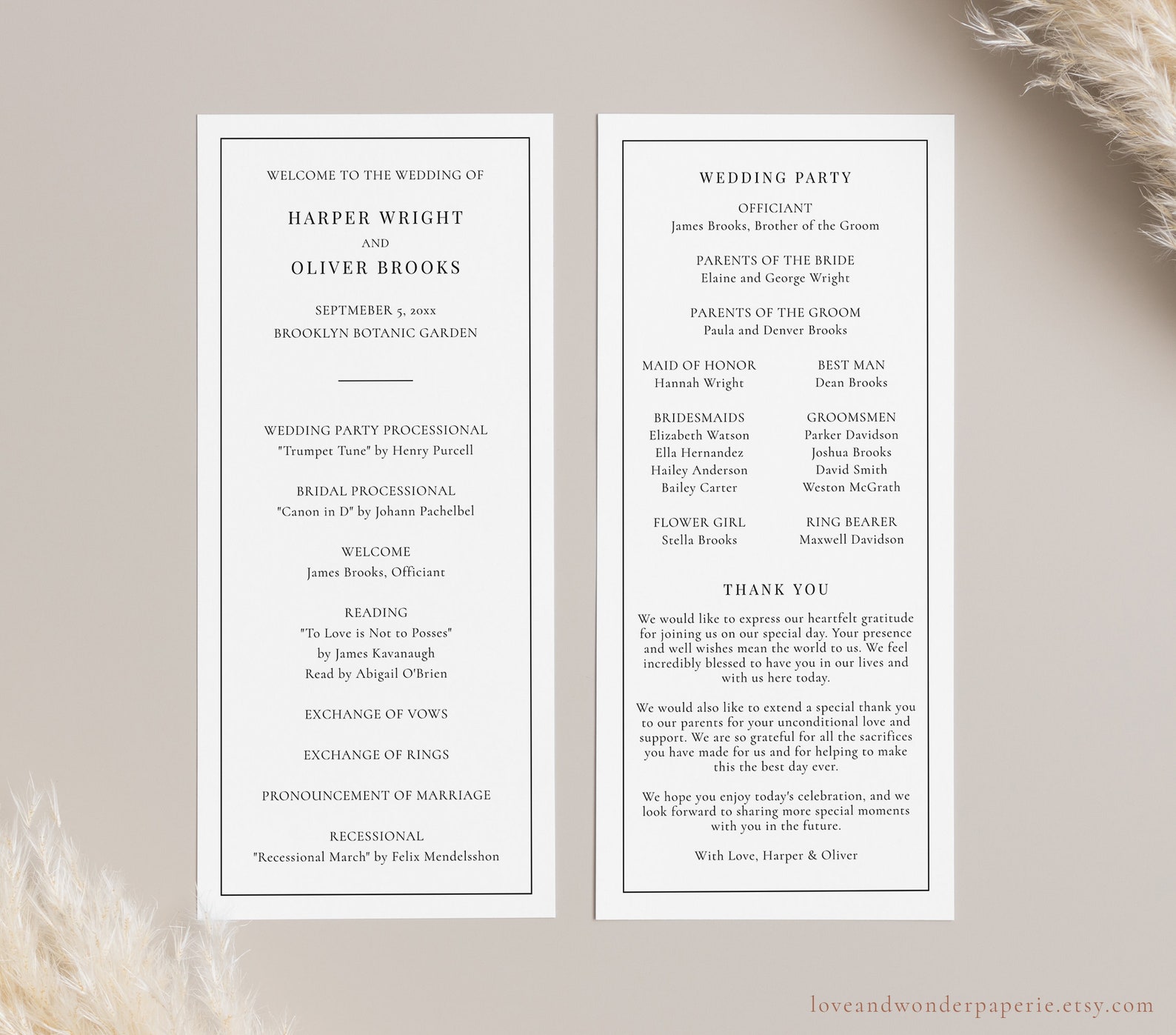 Classic Wedding Program Template, Simple Wedding Ceremony Program Card ...