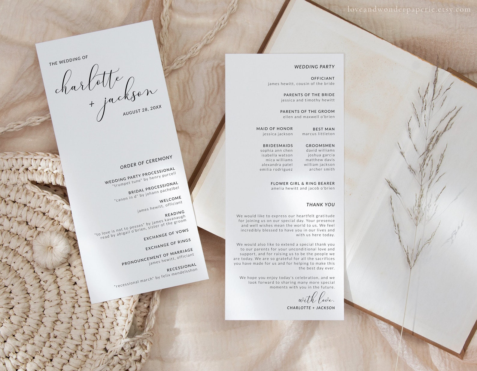 Wedding Ceremony Program Template, Minimalist Wedding Program Card ...