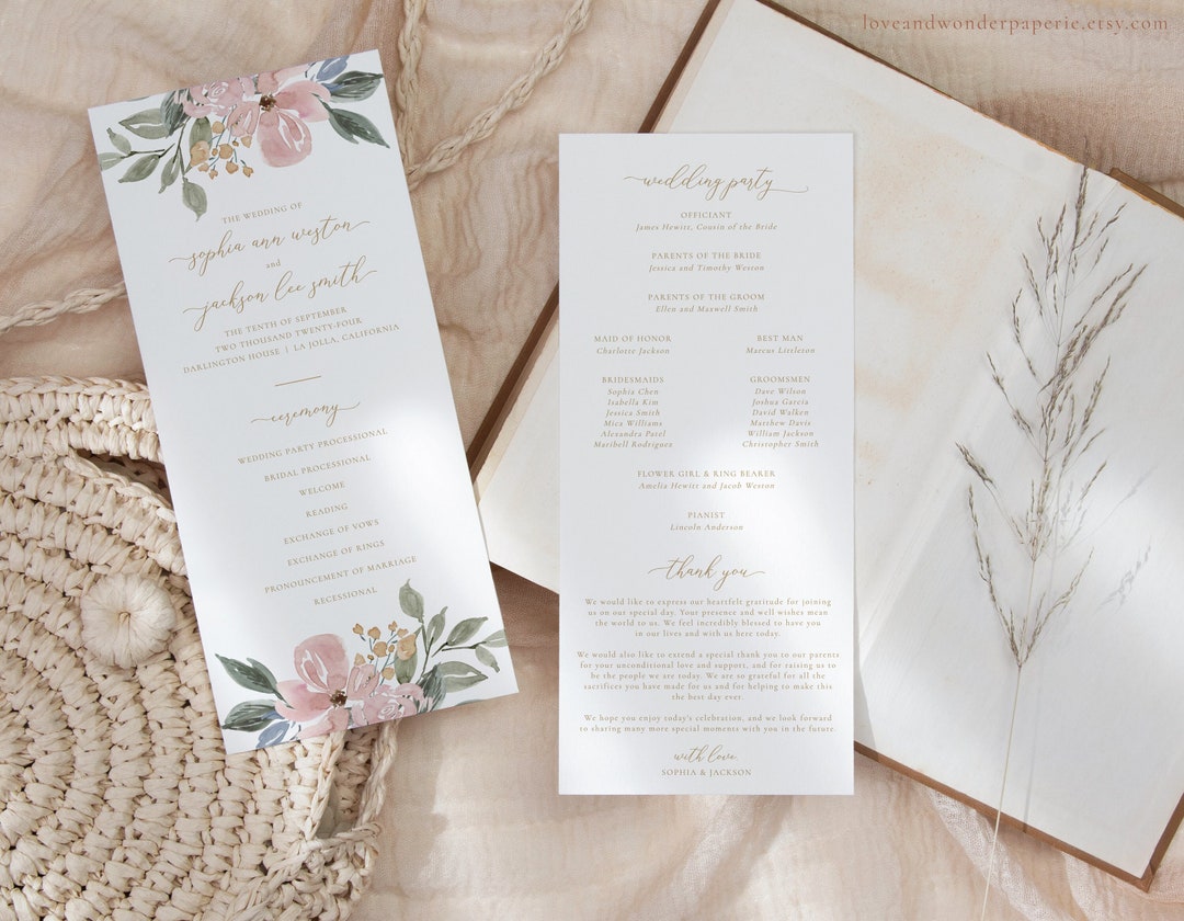 Floral Wedding Program Template, Editable Wedding Program, Wedding ...