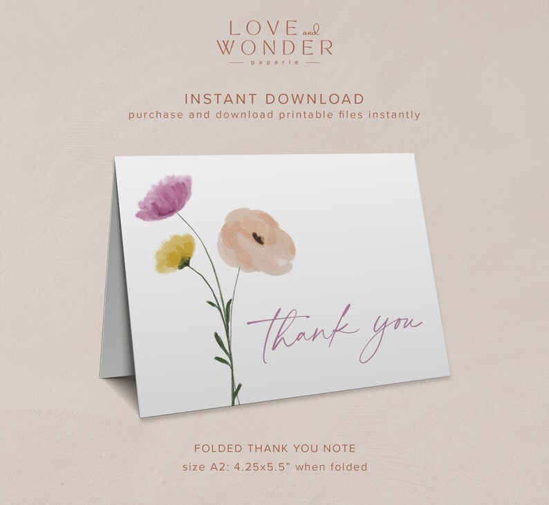 Wildflower Thank You Card, Watercolor Flower Thank You Notecard, Folded ...