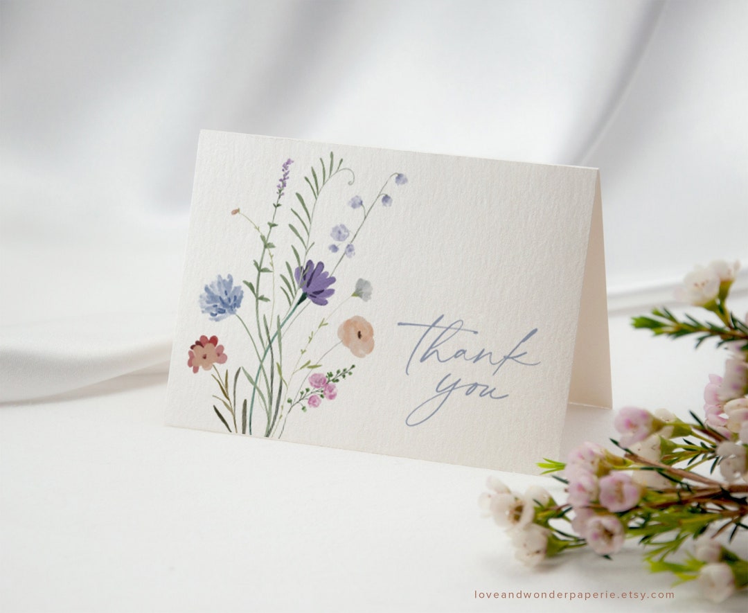 Wildflower Thank You Card, Watercolor Flower Thank You Notecard, Folded ...