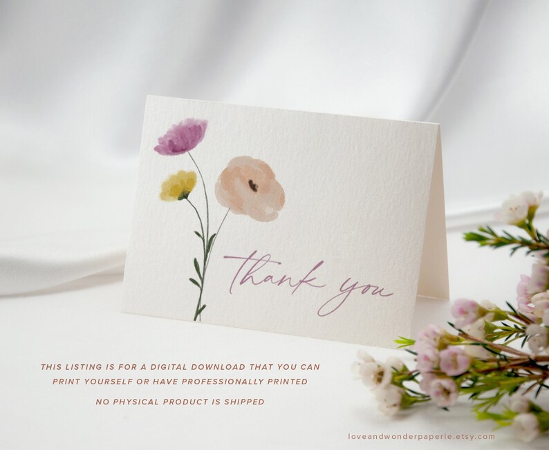 Wildflower Thank You Card, Watercolor Flower Thank You Notecard, Folded ...
