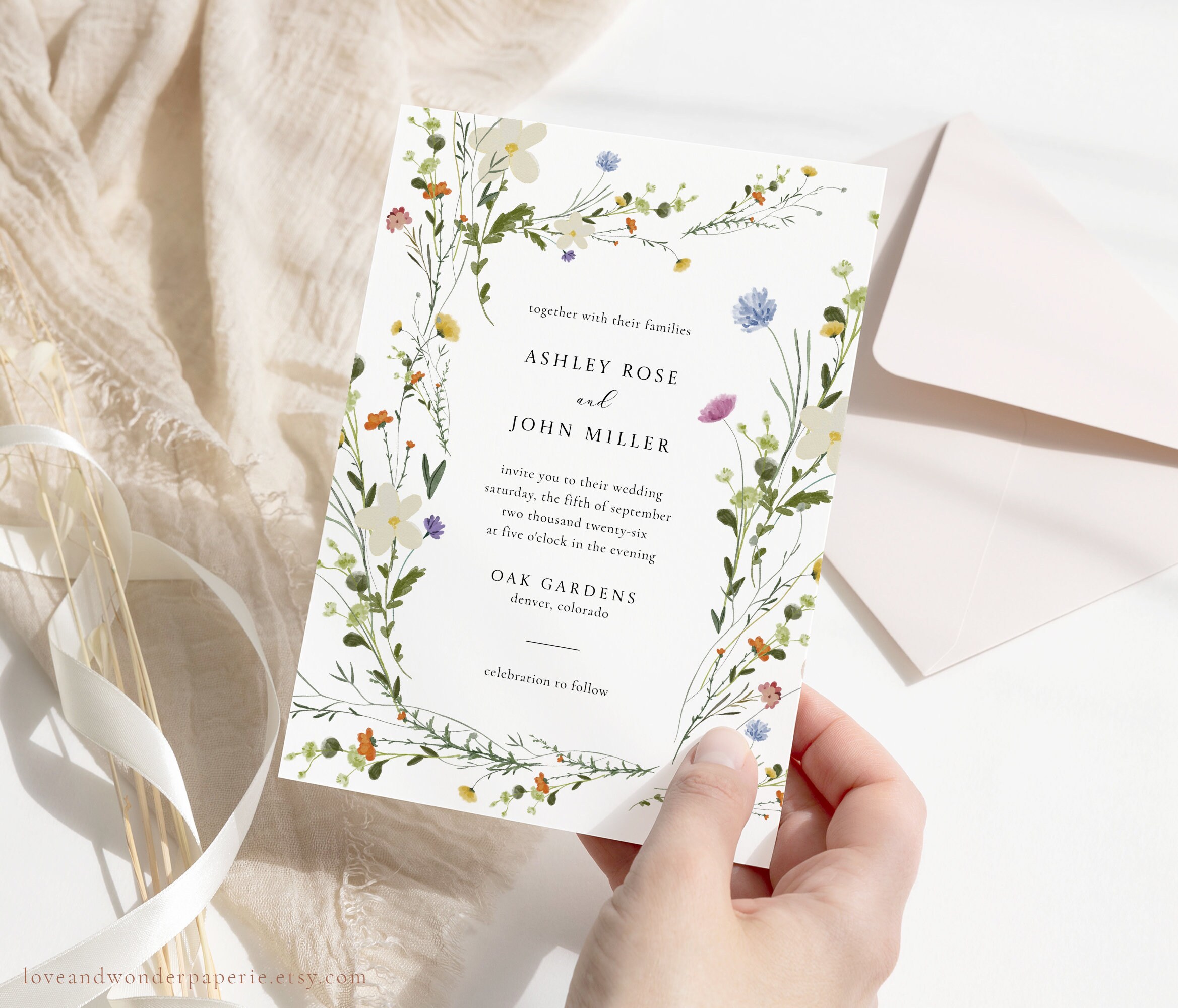 Wildflower Wedding Invitation Template With Photo, Boho Flower Wedding ...