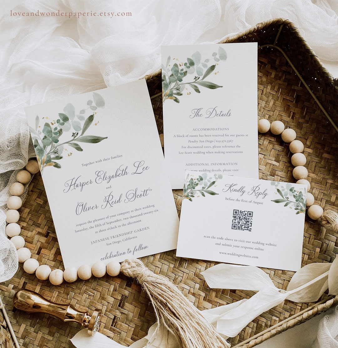 Wedding Invitation Set With Photo and QR Code Reply, Watercolor ...
