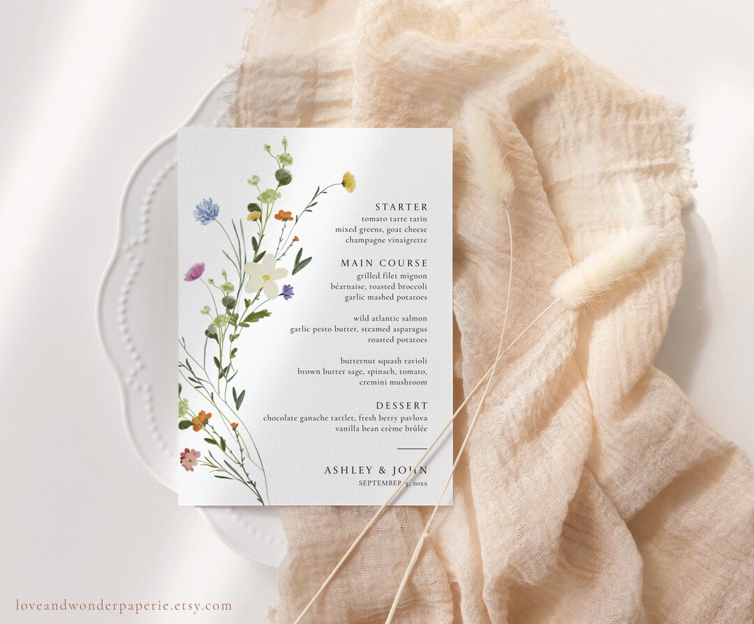 Wildflower Wedding Menu Template, Editable Wedding Menu, Watercolor ...