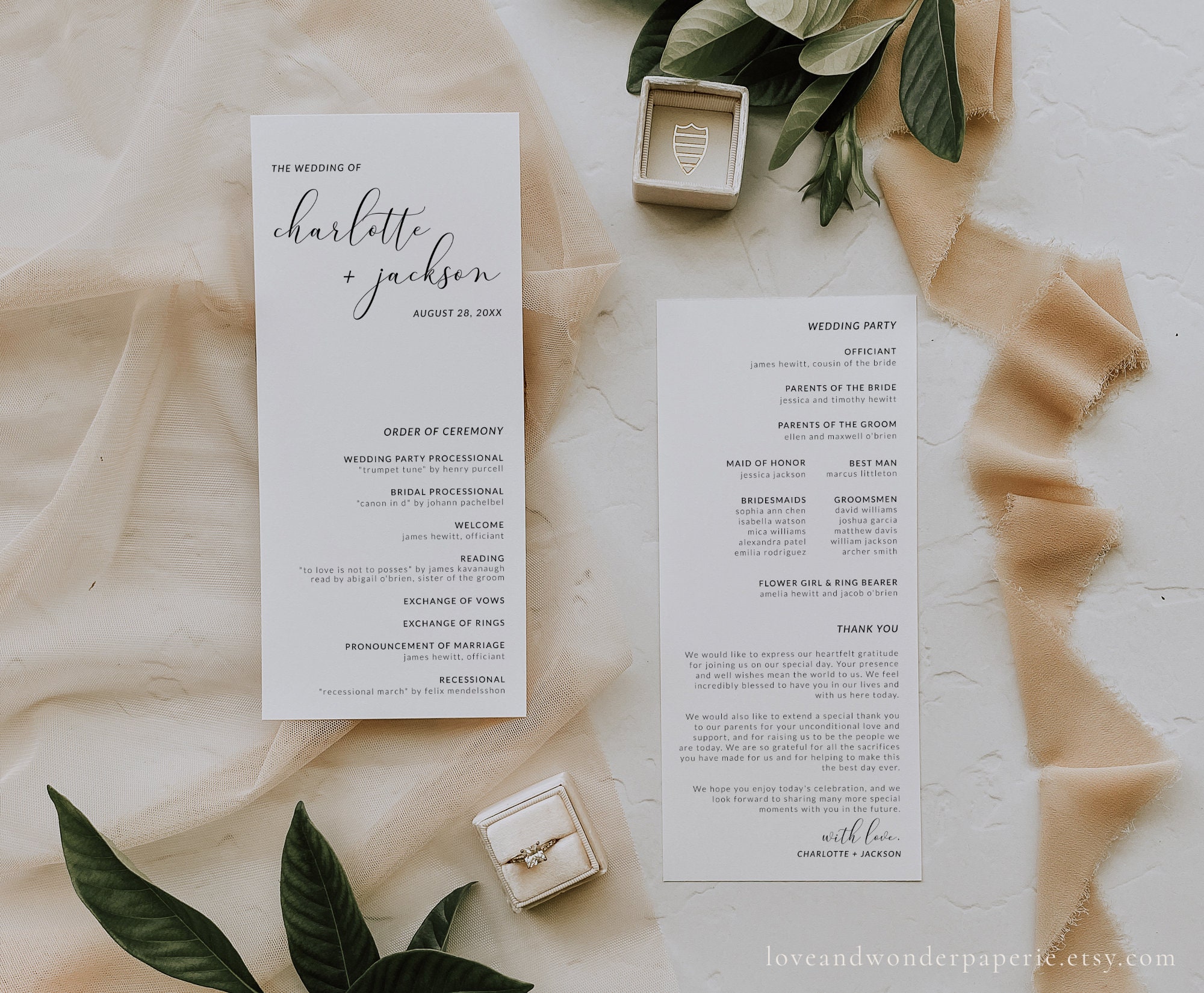Minimalist Wedding Program Template, Double-sided Custom Wedding ...