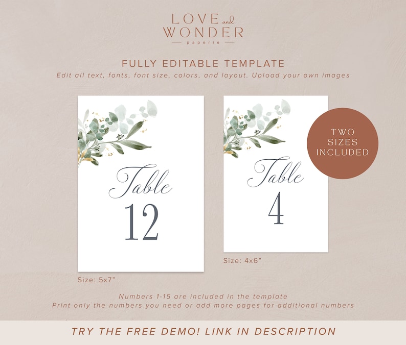 Eucalyptus Table Number Template, Editable Table Number, Wedding Table ...