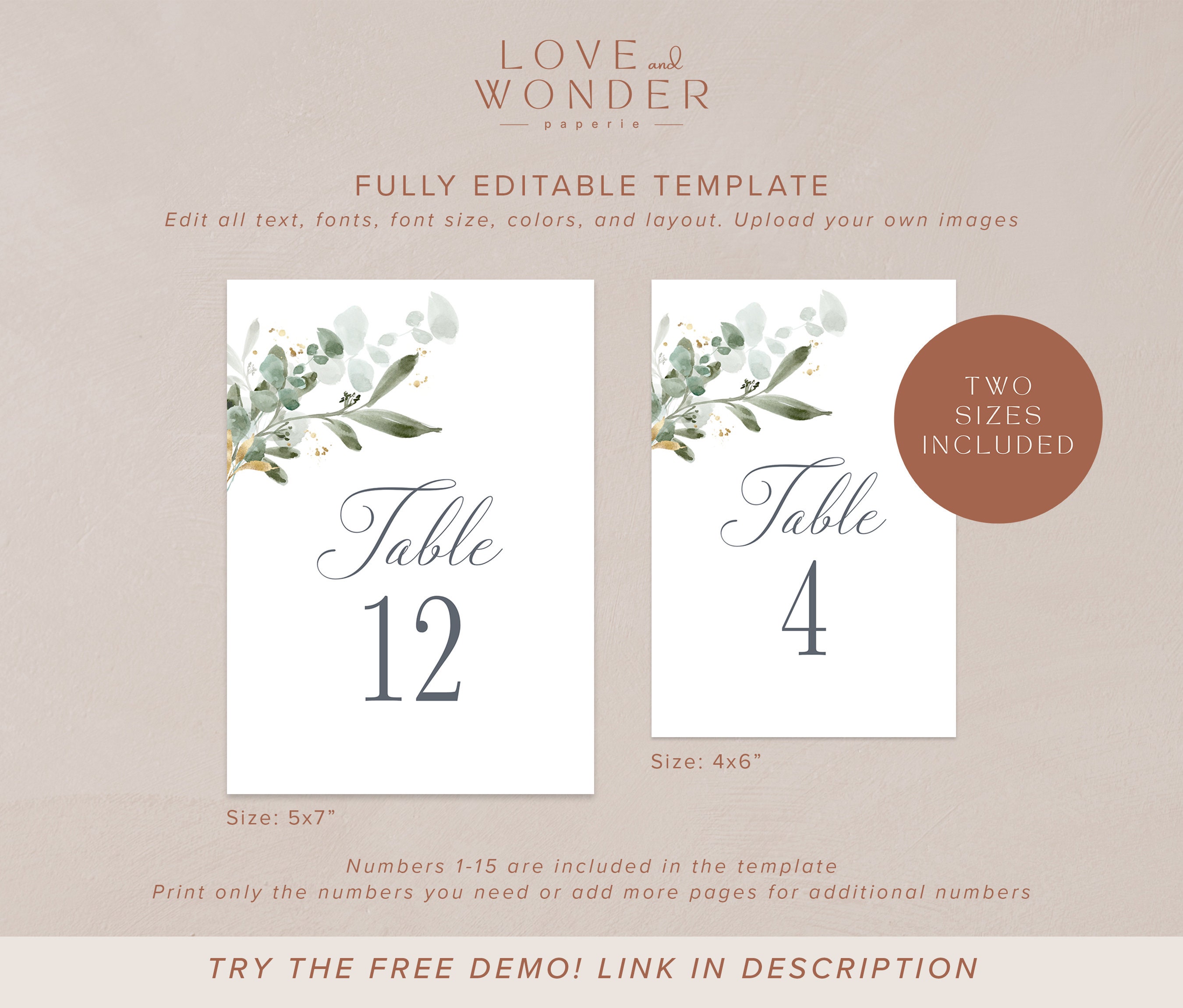 Eucalyptus Table Number Template, Editable Table Number, Wedding Table ...